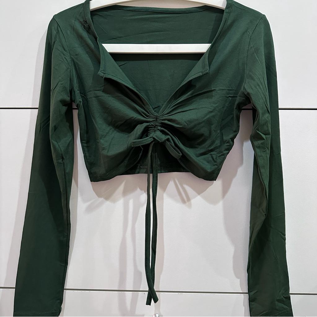 Jual V-Neck Crop Top Lengan Panjang Tali Serut | Baju Wanita Korean ...