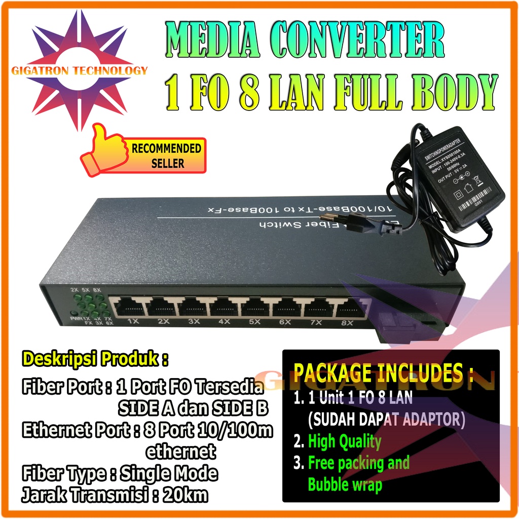 Jual Media Converter Fiber Optik 1 Port FO 8 Port Lan RJ45 10/100 / Switch Fiber Optic 1 FO 8 ...