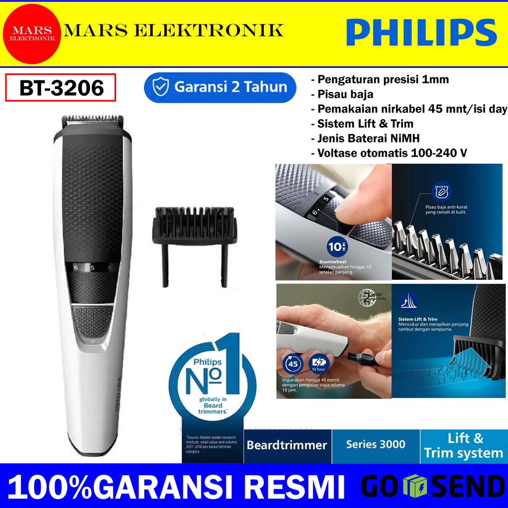Jual PHILIPS BEARD TRIMMER BT-3206 - LIFT AND TRIM SYSTEM - SERIES 3000 ...