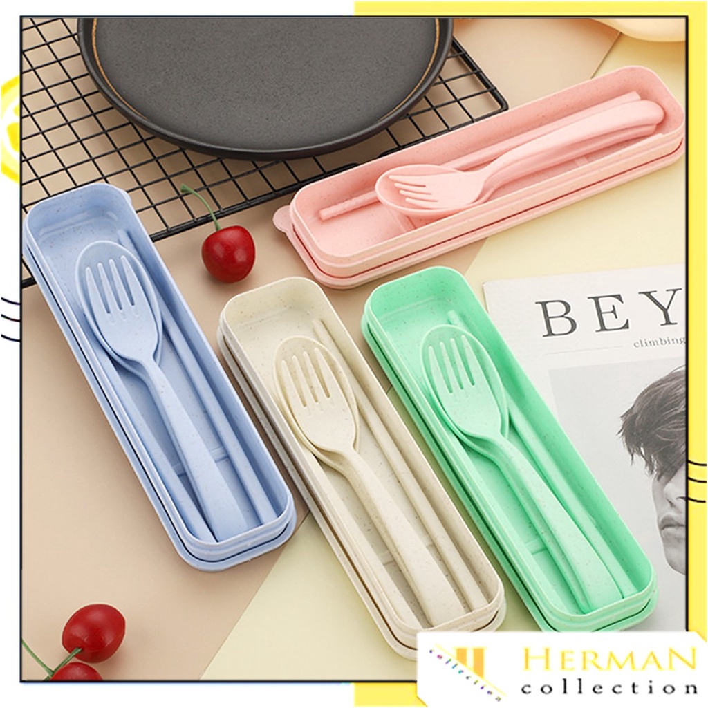 Jual HC Sendok Set Garpu Sumpit Free Box Sendok Set Bahan Jerami ...