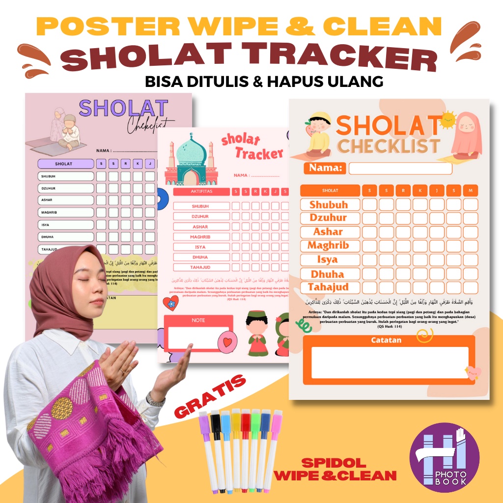 Jual POSTER ukuran A3+ wipe & clean Ibadah SHOLAT tracker / checklist ...