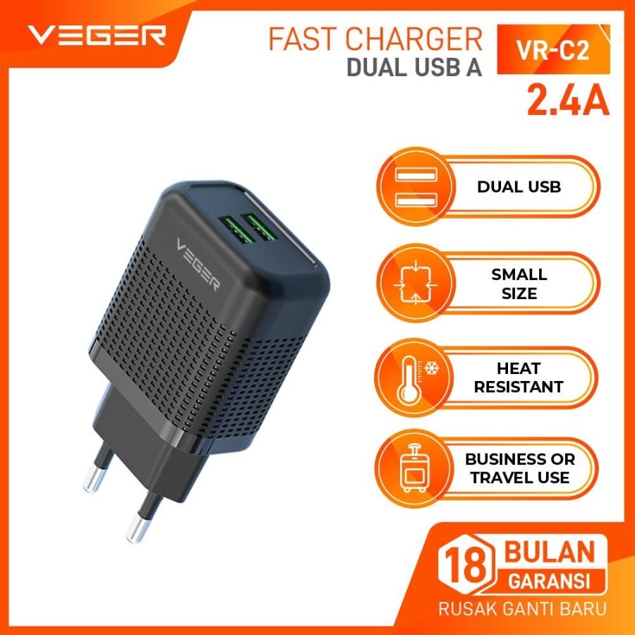 Jual Veger VR-C2 Adaptor Charger ( Perpcs/Eceran ) 2.4A Fast Charging ...