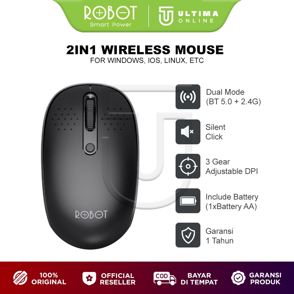 Jual ROBOT Mouse Wireless Silent Click Bluetooth M360 Dual Mode Dongle ...