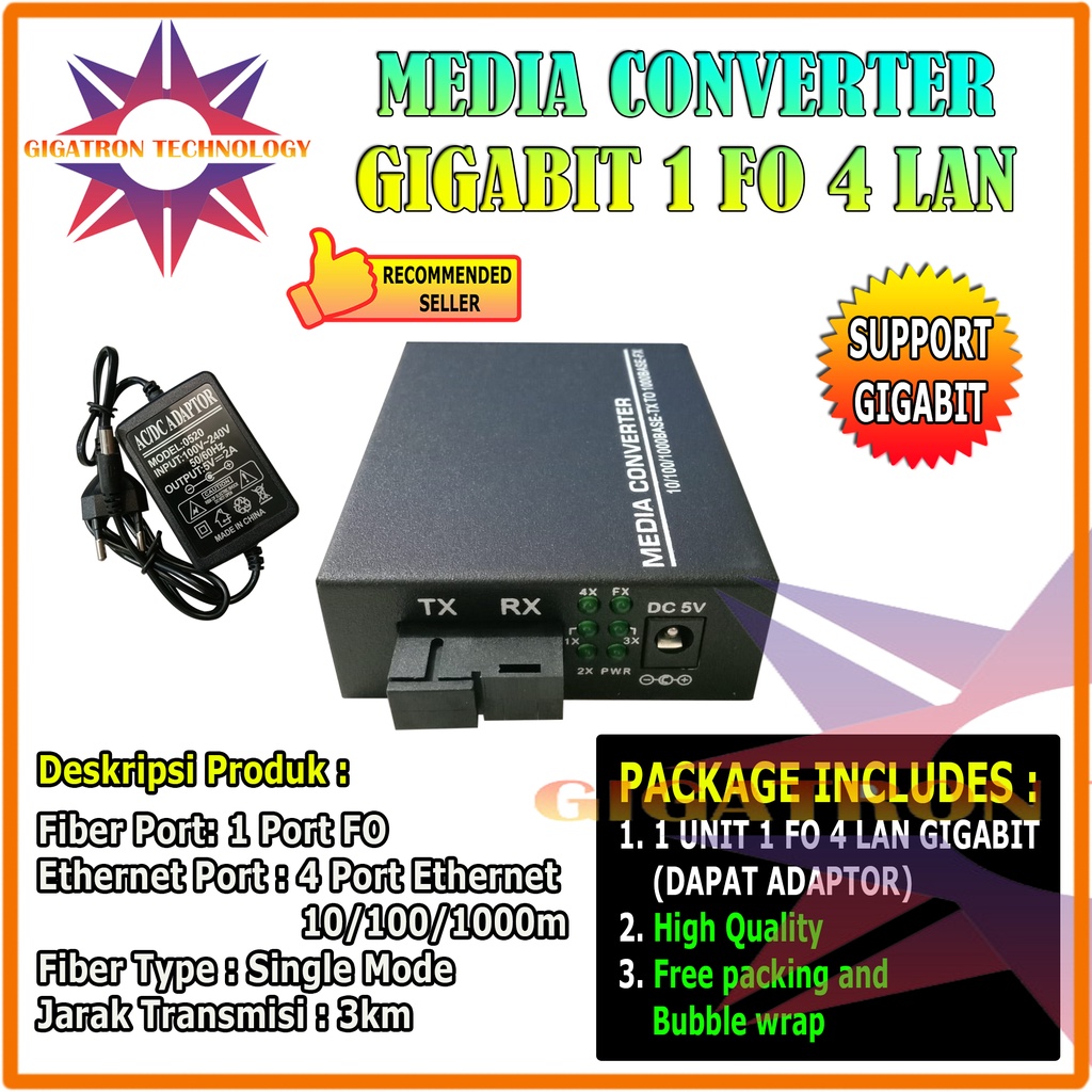Jual Gigabit Media Converter Fiber Optik 1 FO 4 LAN Port Ethernet RJ45 1000Mbps / Fiber Optic ...