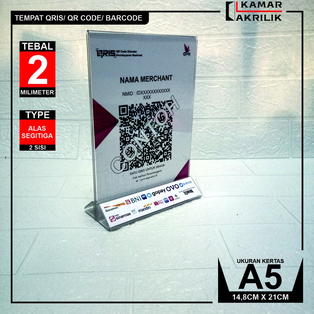 Jual Akrilik Tempat QRIS/ Barcode A5 2mm kaki segitiga dengan cetakan ...