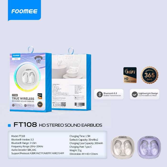 Jual Foomee Earphone Bluetooth TWS FT108 True Wireless Dual Mode Super ...