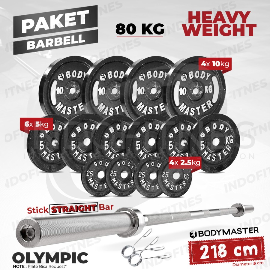 Jual BODYMASTER Paket Olympia Bar 218cm 5cm 80kg Plate beban besi ...