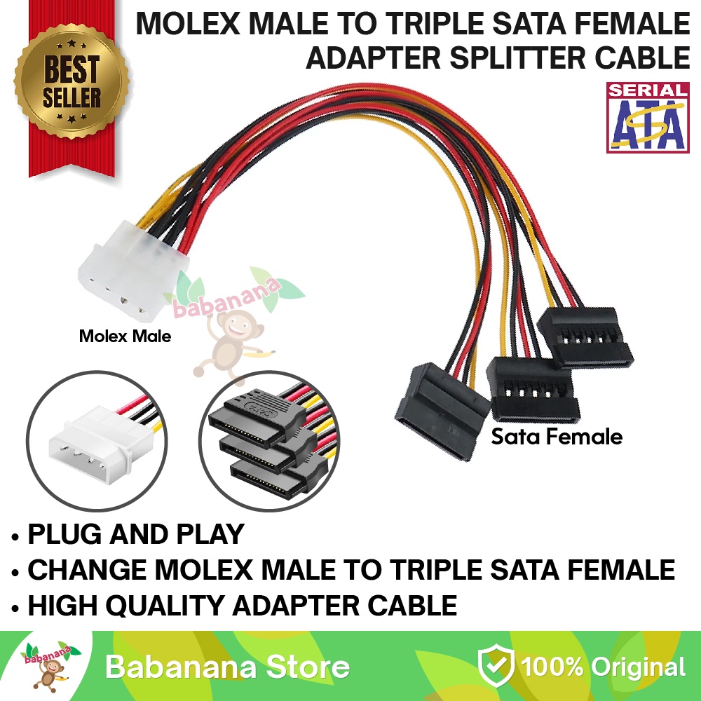 Jual Kabel Molex to 3 Triple Sata Power Splitter HDD Cable Cabang | Shopee Indonesia