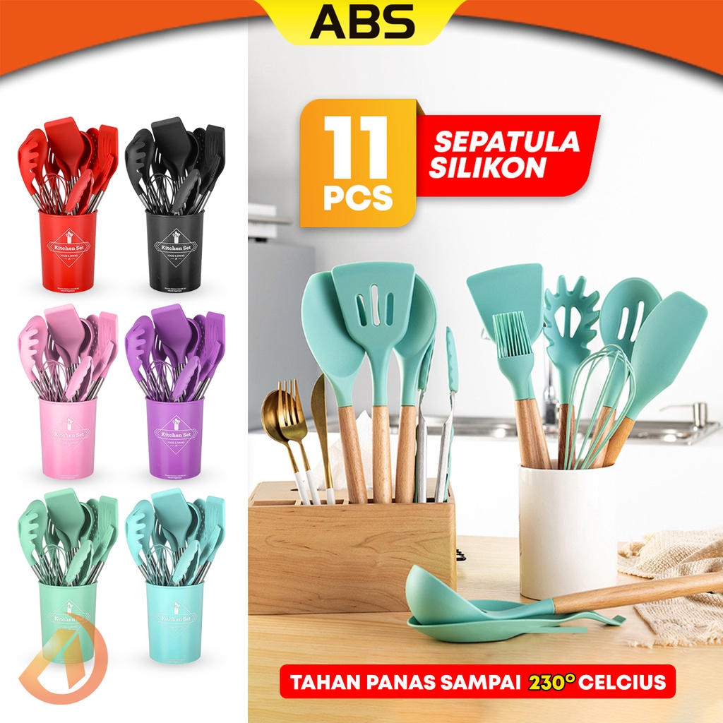 Jual ABS SUTIL SENDOK MASAK SILICONE KITCHEN UTENSILS SET 12 PCS/SET ...