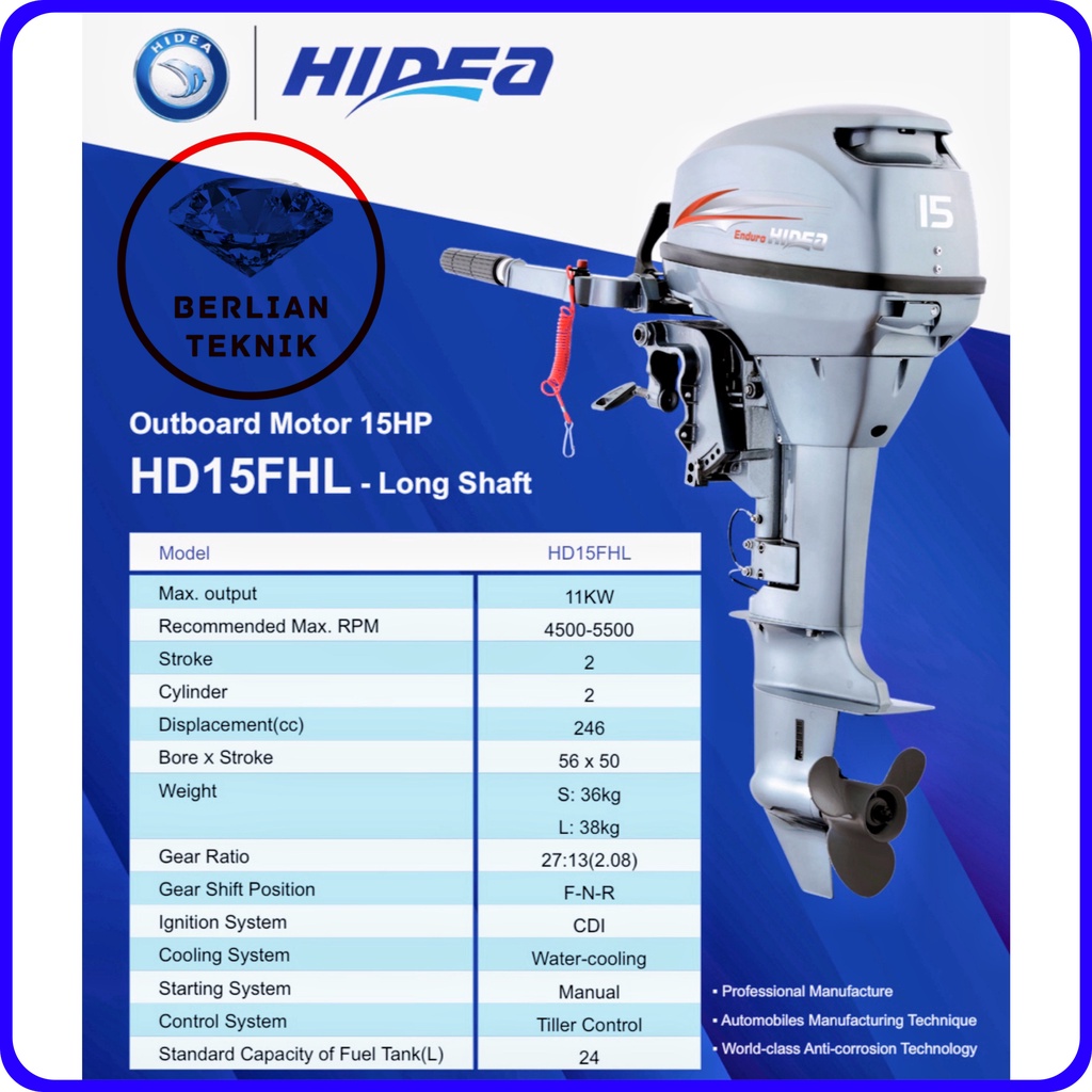 Jual Mesin Tempel Marine Outboard Hidea 15 HP Enduro / HDD15FHL Long ...