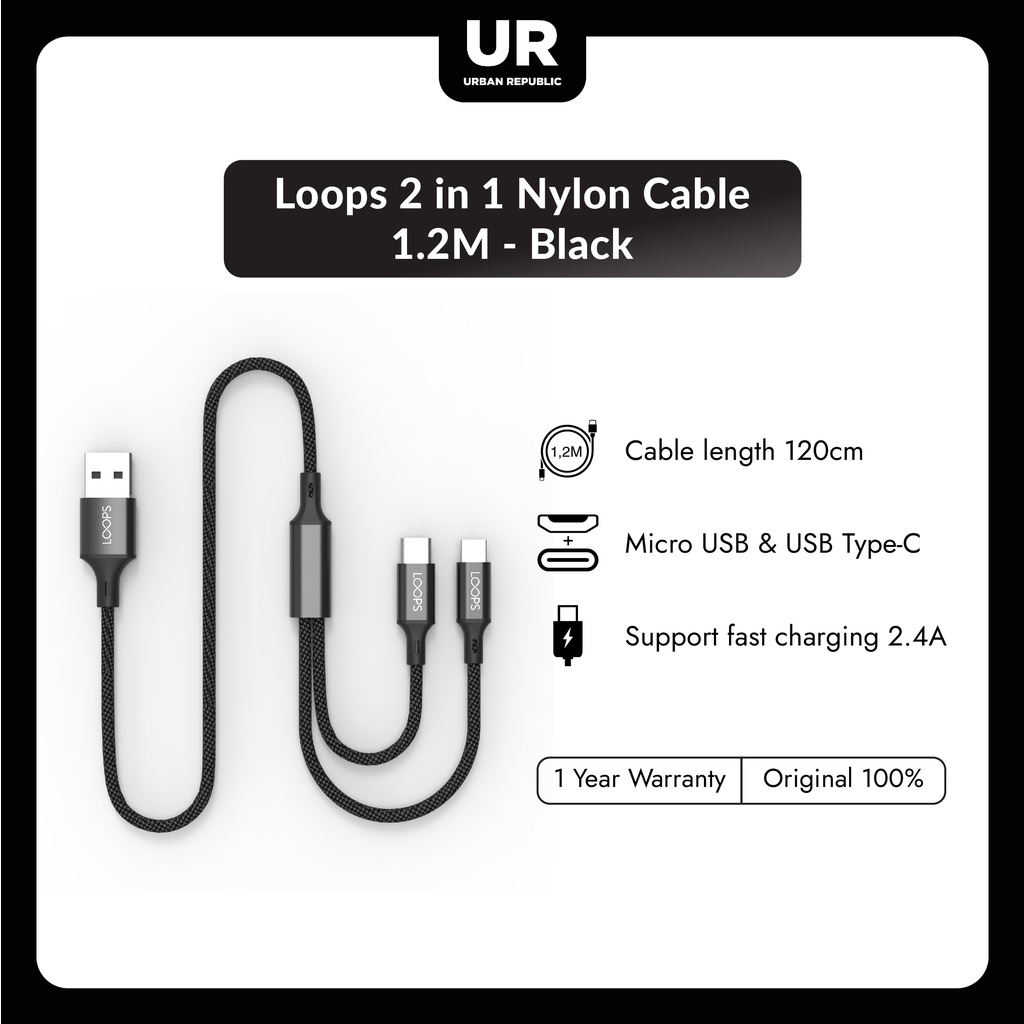 Jual Loops 2 in 1 Nylon Cable 1.2M - Black | Shopee Indonesia