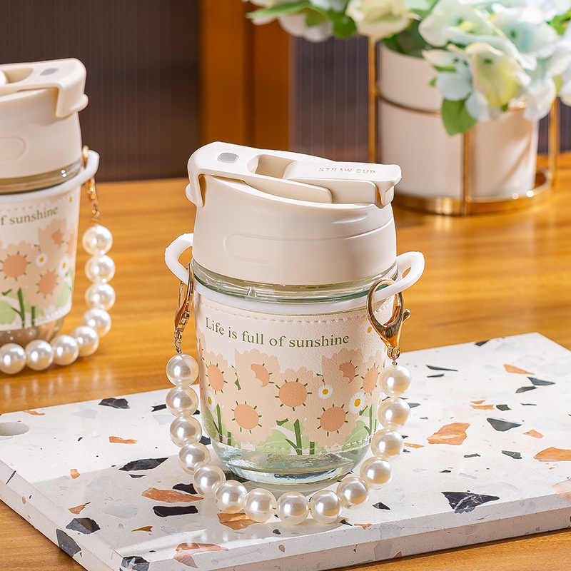 Jual BOTOL MINUM LUCU KACA AESTHETIC 450ML TUMBLR KOREA TALI MUTIARA ...
