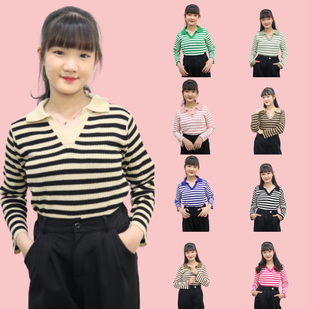 Jual Kaos Kerah Rajut Wanita - T-shirt Kra Vneck Salur | Shopee Indonesia