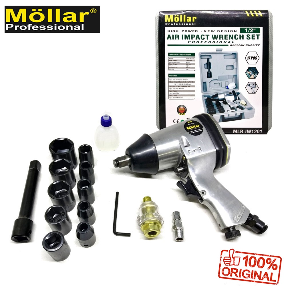 Jual MOLLAR Air Impact Wrench 1/2" Set Mata Sock Alat Buka Pasang Mur ...