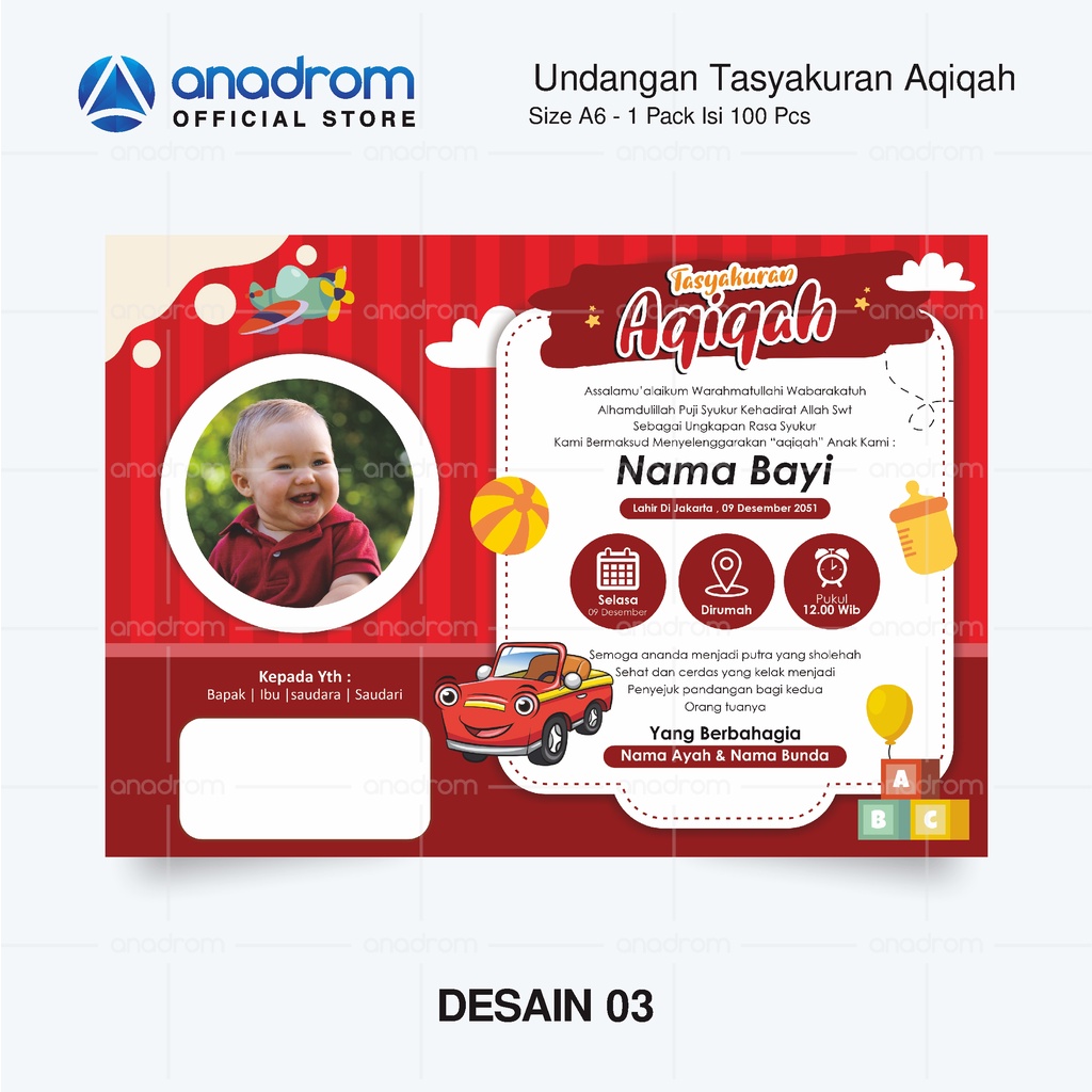Jual Undangan Aqiqah Untuk anak Laki - Laki | 1 Paket Isi 100 PCS | Undangan Tasyakuran ...