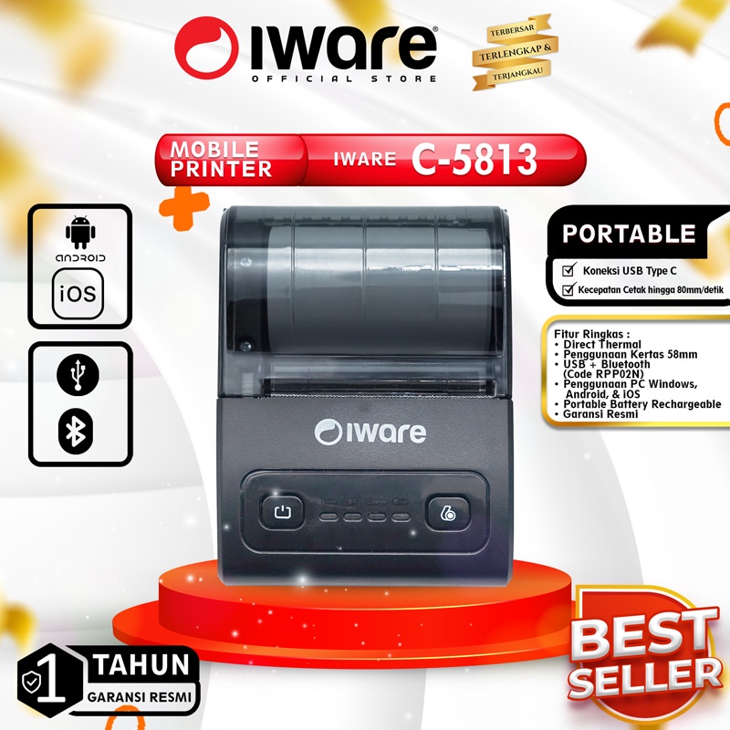 Jual Printer Thermal Mobile Iware C-5813 58mm RPP02N Bluetooth Android ...