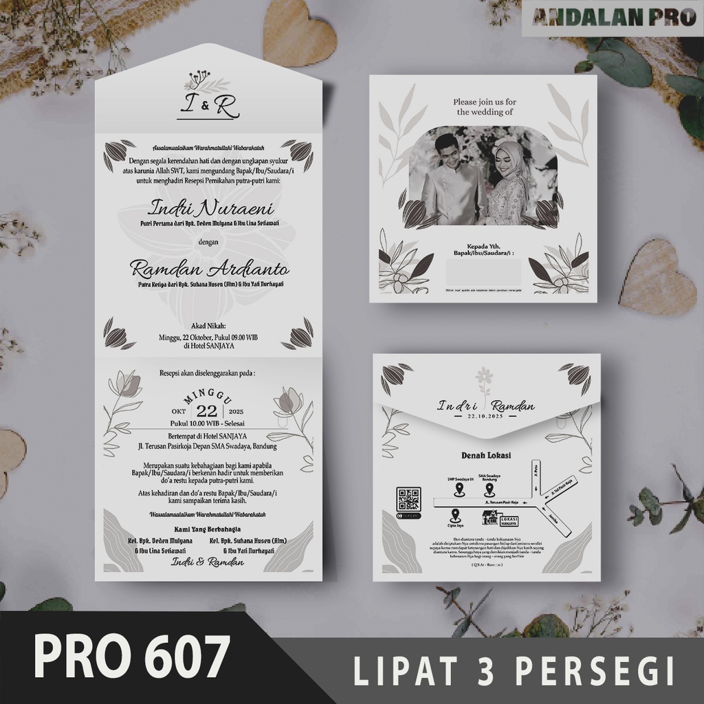 Jual 50 Desain Undangan Pernikahan Lipat 3 Persegi, Grayscale / Hitam ...