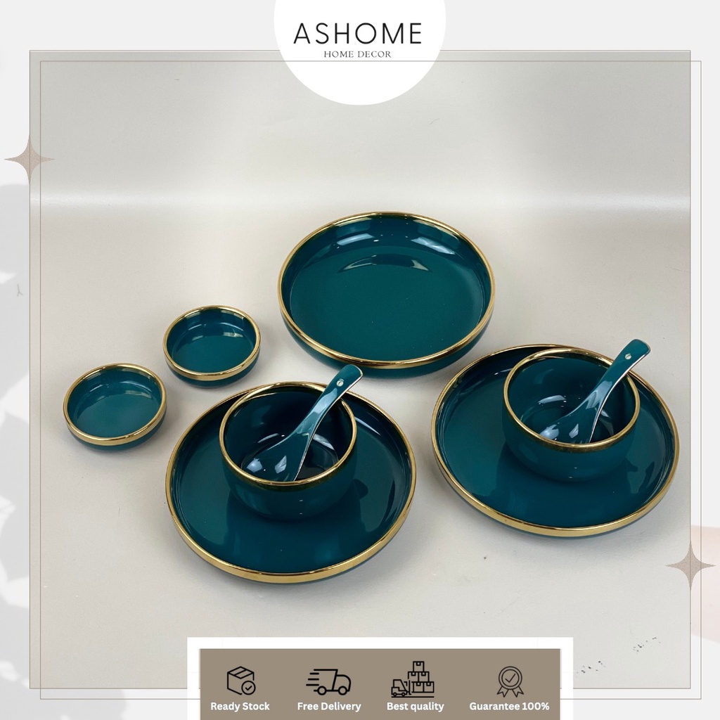 Jual ASHOME Piring Set 2 Orang Piring Makan Set Keramik Hijau Emerald ...