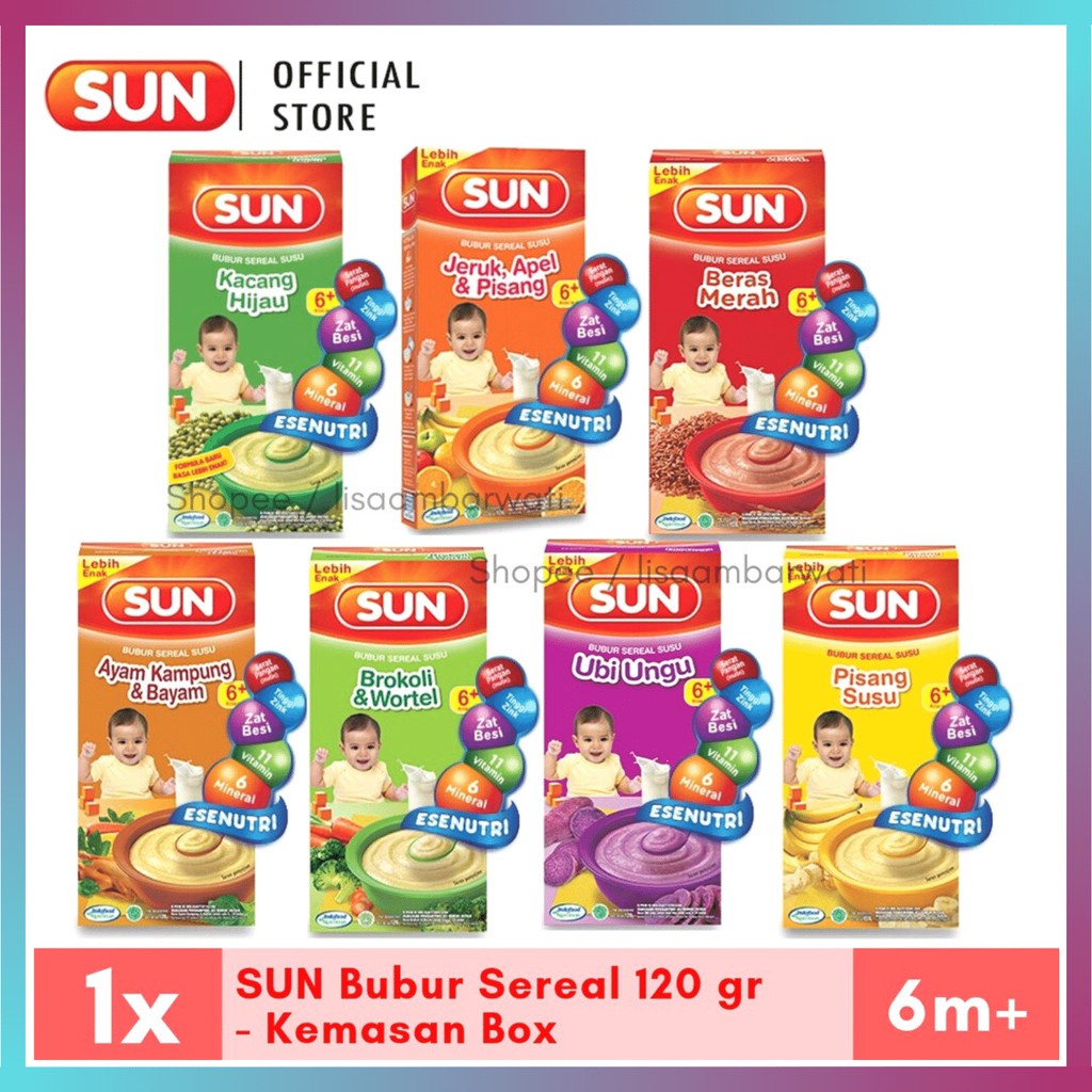 Jual SUN Bubur Sereal Susu 6+ Ubi Ungu Beras merah Kacang Hijau Brokoli ...