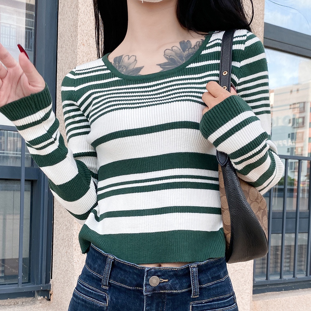 Jual AJW Atasan Wanita Rajut Salur Garis Garis Import Premium XF | Atasan Lengan Panjang Wanita ...