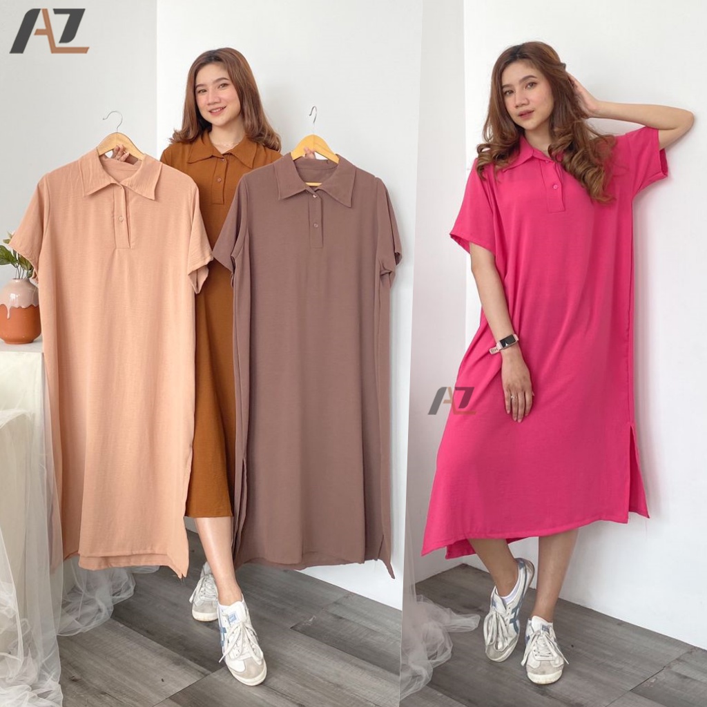 Jual Aurella Dress Wanita Santai Rumahan Belah Samping Aksen Kerah ...