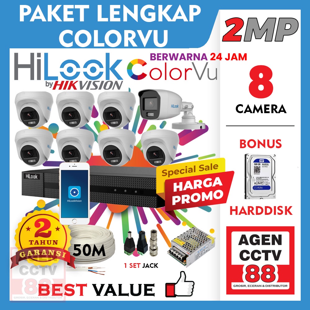 Jual Paket CCTV HILOOK COLORVU 8 Channel Kamera 8CH 2MP Lengkap Tinggal ...