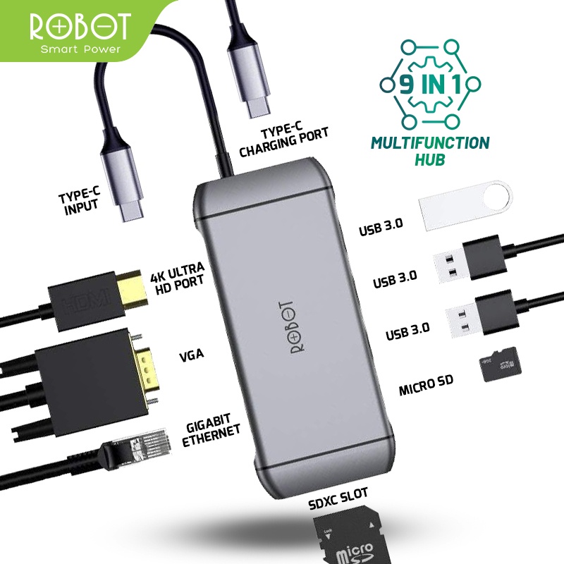 Jual ROBOT Multiport 9in1 USB Type C HUB Adapter Lightweight & Portable ...