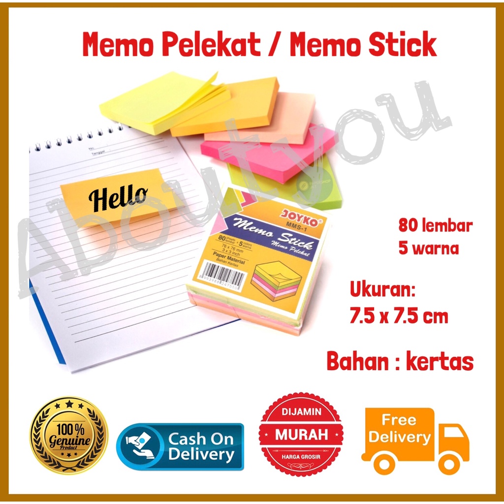 Jual Kertas Memo STICK Notes Joyko MMS-1 Sticky Note Kertas Warna Pesan ...