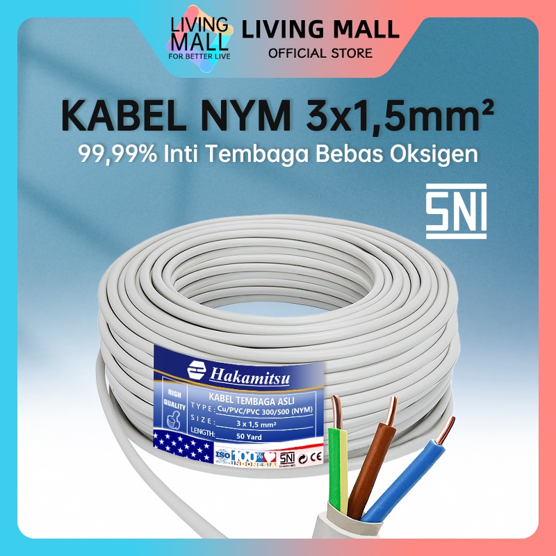 Jual Kabel Listrik NYM 3 x 1,5mm 50 Yard Full / Kabel Tembaga Murni PVC SNI / Mrek Hakamitsu ...