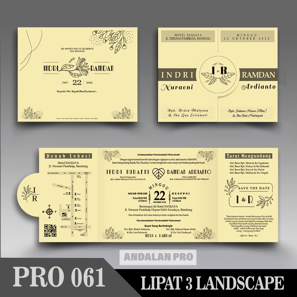 Jual 50 Desain Undangan Lipat 3 Landscape Bahan Jasmine LIGHT CREAM ...
