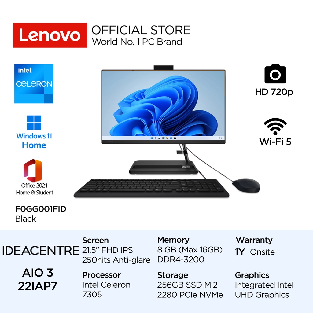 Jual Lenovo PC IdeaCentre AIO 3i 22IAP7 1FID 23ID Intel Celeron 7305 Win11 Home 8GB 256GB SSD 21 ...