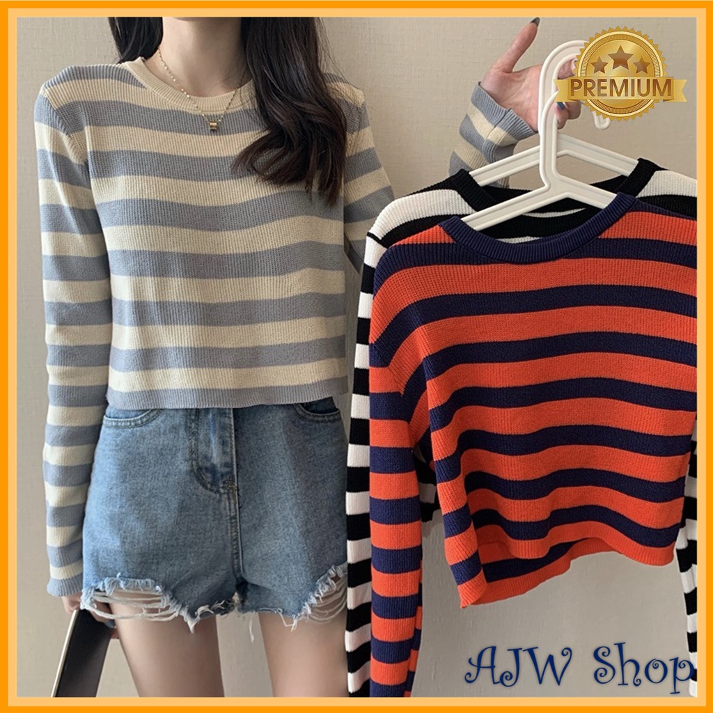 Jual AJW Atasan Crop Rajut Lengan Panjang Import Premium Salur Garis Garis RK | Crop Top Lengan ...