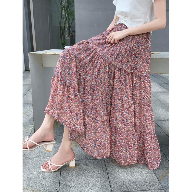 Jual Skirt floral korean style | rok panjang wanita beraksen 4 susun ...