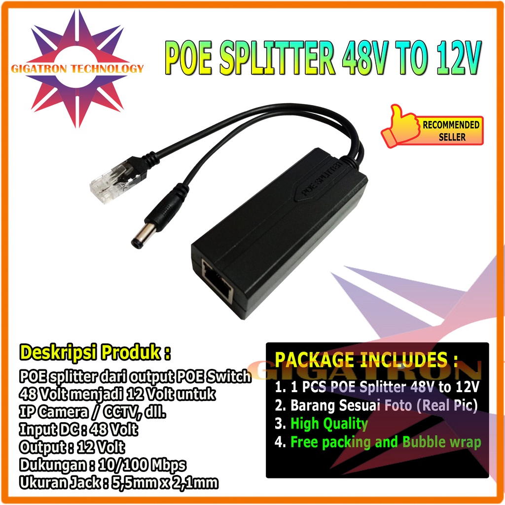 Jual Kabel POE Splitter 48V To 12V 1A - 2A For IP Camera / POE Switch ...