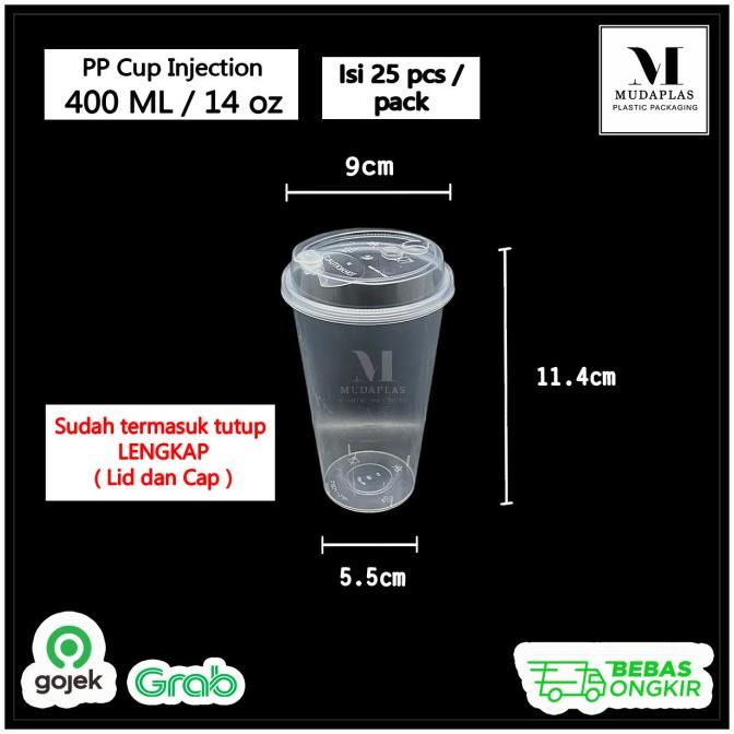 Jual PP Cup Injection 14 Oz 400 ml Gelas Plastik Boba isi 25 pcs + Lid Cap | Shopee Indonesia
