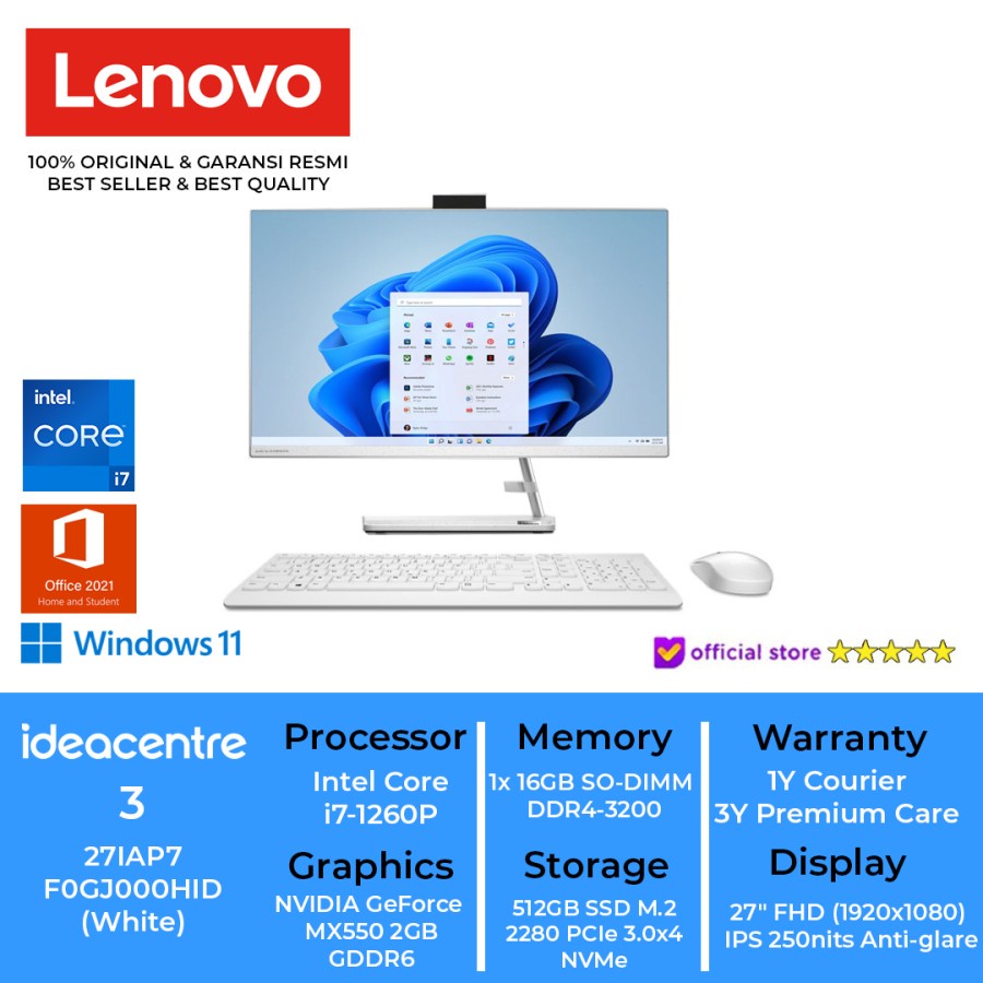 Jual AIO LENOVO IdeaCentre 3 27IAP7 F0GJ000HID Core i7 1260P 16GB 512GB W11 | Shopee Indonesia