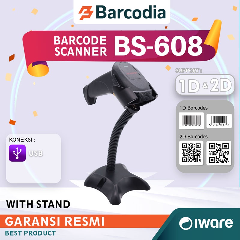 Jual BARCODIA Barcode Scanner 2D IWARE BS-608 Usb With Stand | Shopee ...
