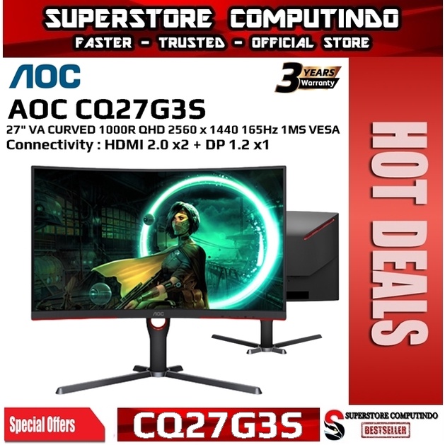 Jual Monitor LED AOC CQ27G3S 27" VA Curved 1000R 1440p 165Hz HDR10 HDMI ...