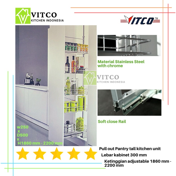 Jual VITCO Stainless Soft Close Pull out Tall Kitchen Unit/Rak snack 300 mm | Shopee Indonesia