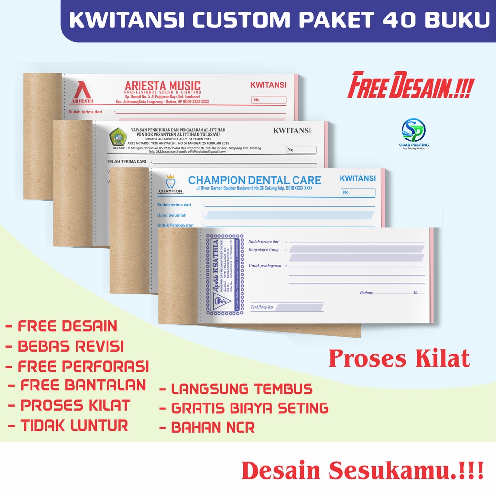 Jual CETAK KWITANSI CUSTOM PAKET 40 BUKU FREE DESAIN NOTA CUSTOM ...