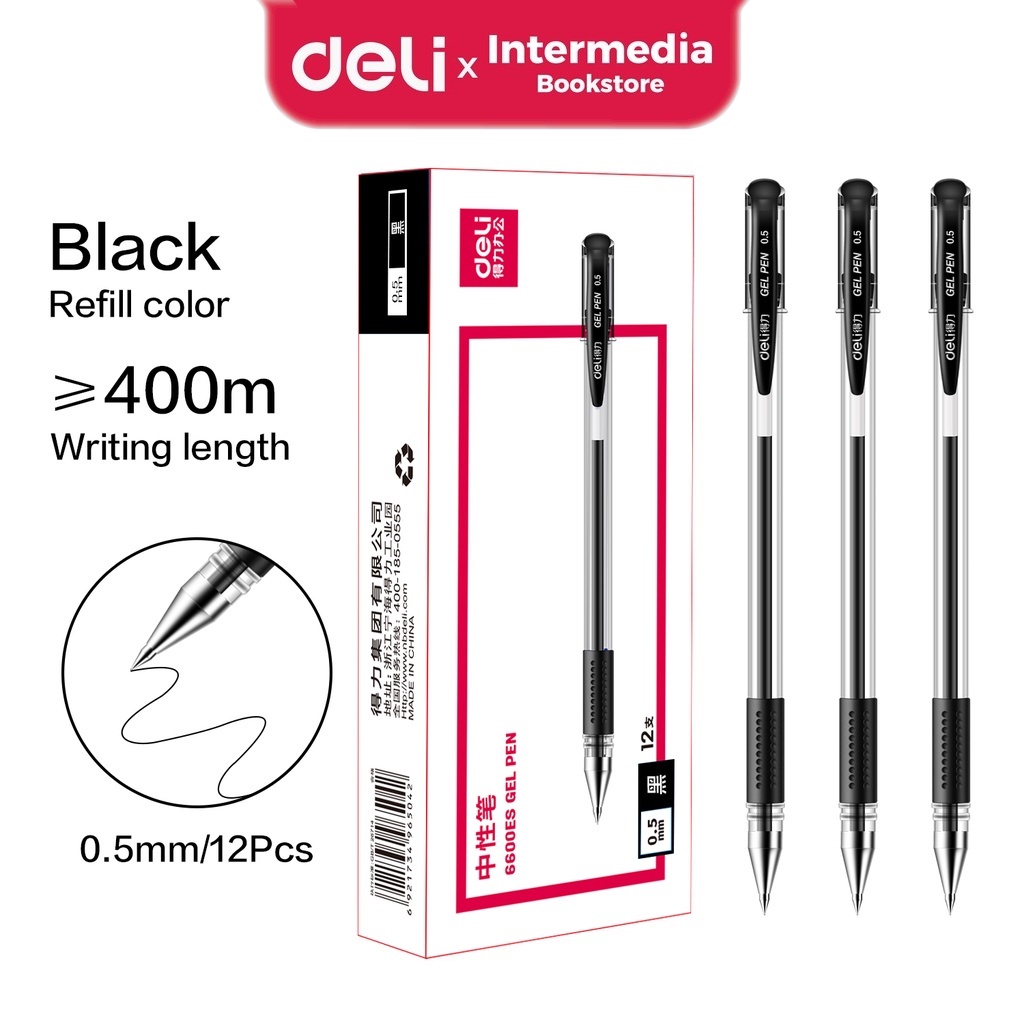 Jual Deli 6600ES Gel pen Hitam 0.5mm ujung tumpul hitam nyaman dipakai ...