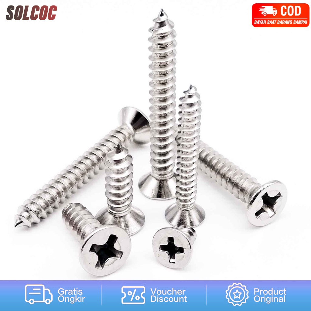 Jual 50/100pcs Cross Recessed Countersunk Flat Head Self-tapping Screw ...