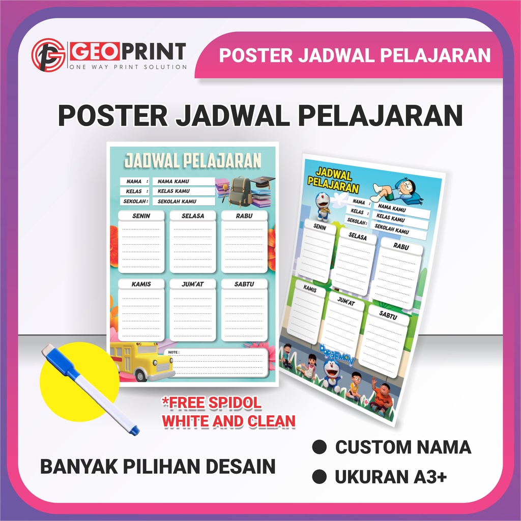 Jual POSTER JADWAL PELAJARAN FREE SPIDOL WIPE & CLEAN CUSTOM NAMA ...