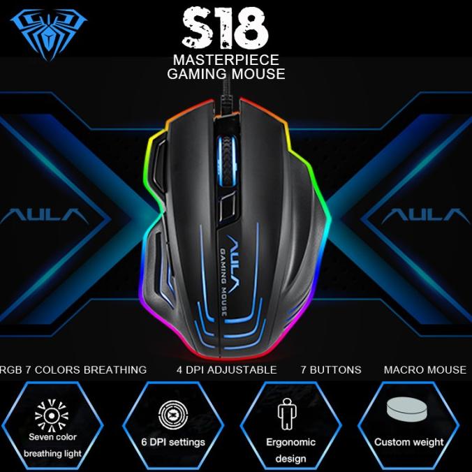Jual Mouse Gaming Aula S18 - Rgb Led - Sensor Sunplus 6698A - 6400Dpi ...