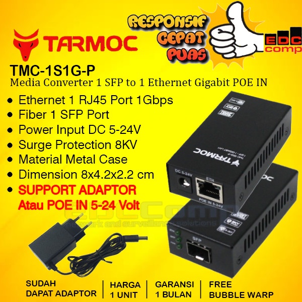 Jual Tarmoc TMC-1S1G-P 1 SFP 1 GIGABIT POE IN 5-24V mini Converter ...