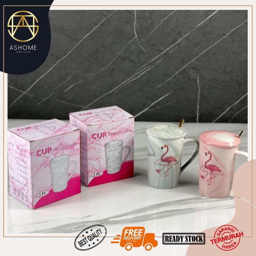 Jual GELAS KERAMIK MARBLE COUPLE FLAMINGO LENGKAP DENGAN TUTUP DAN ...