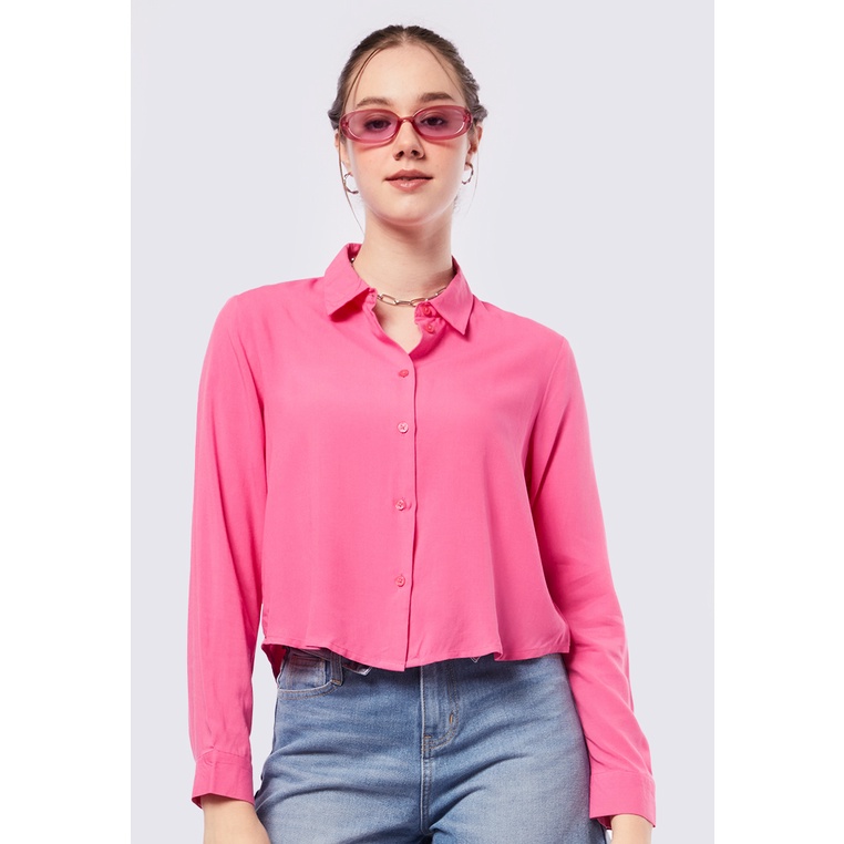 Jual COLORBOX Round Hem Long Sleeve Crop Blouse Pink | Shopee Indonesia