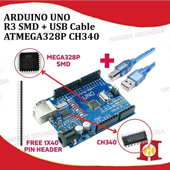 Jual Arduino Uno R3 SMD CH340 ATMEGA328P + PIN HEADER + KABEL USB ...