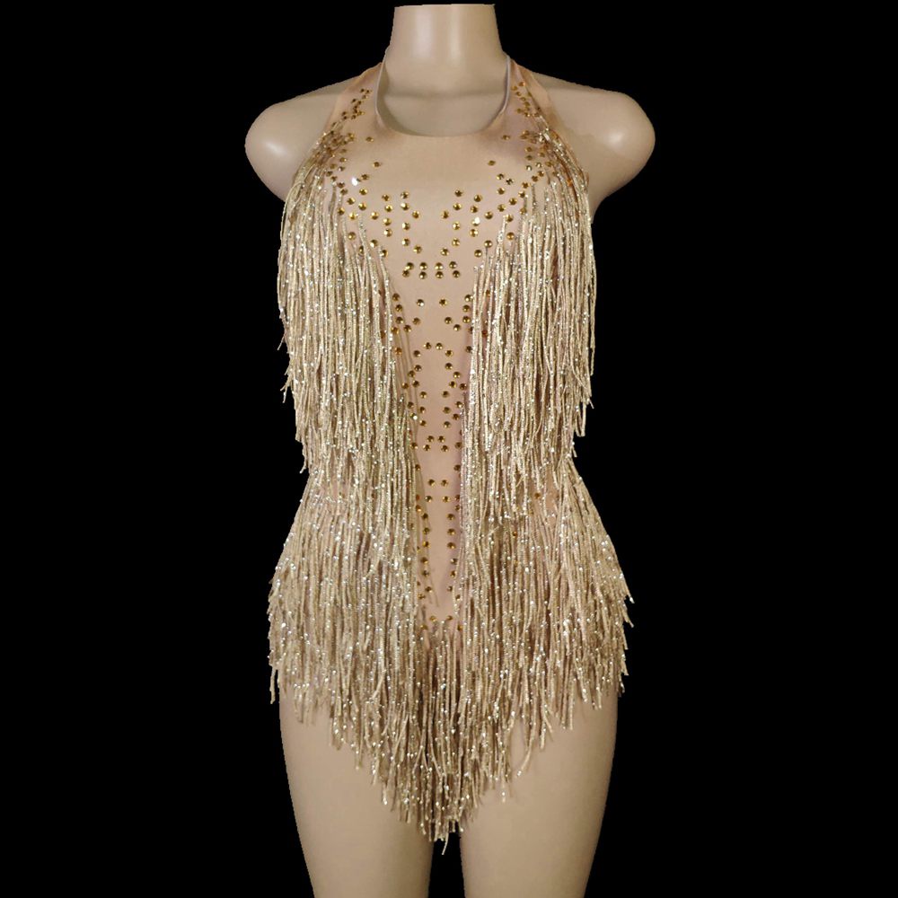 Jual Sparkly Rhinestones Fringes Bodysuit Women Nightclub Outfit
