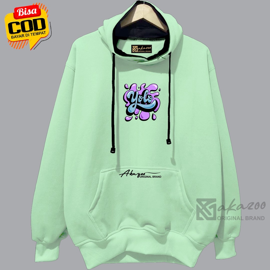 Jual hoodie cowok kece murah tebal akazoo warna mint YOLO sablon saku ...